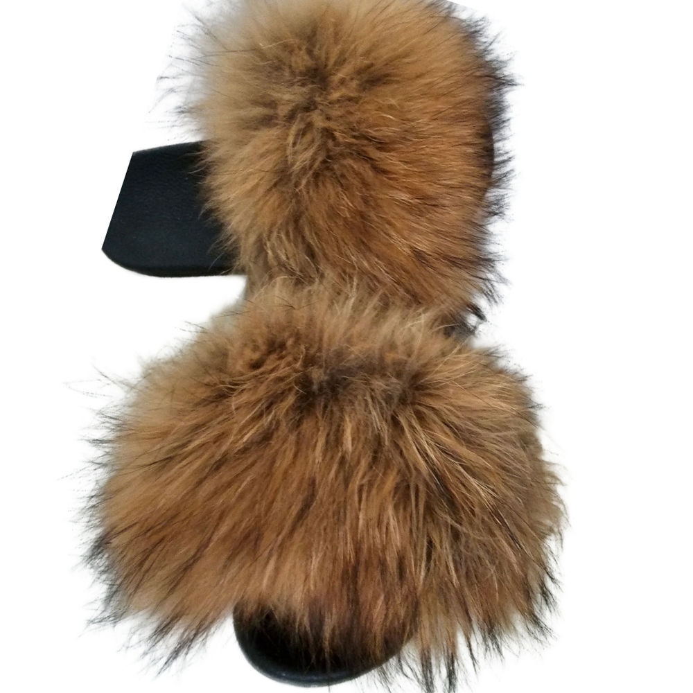 Fluffy Faux Red Fox Fur Slipper Slides Size 8 - Gem